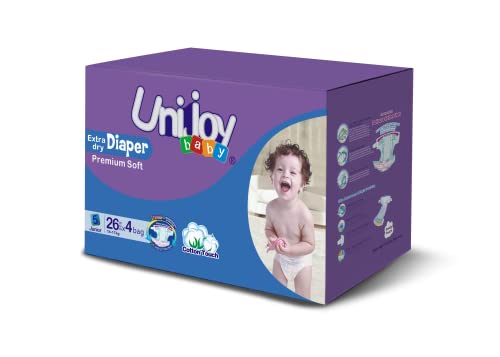 Unijoy Premium Soft Disposable Newborn Babies Diapers to Toddler Sizes | 100% Leak-Proof Skin Protection Diapers | Hypoallergenic & Gentle | Box of 5-104 pcs (Packaging May Vary)