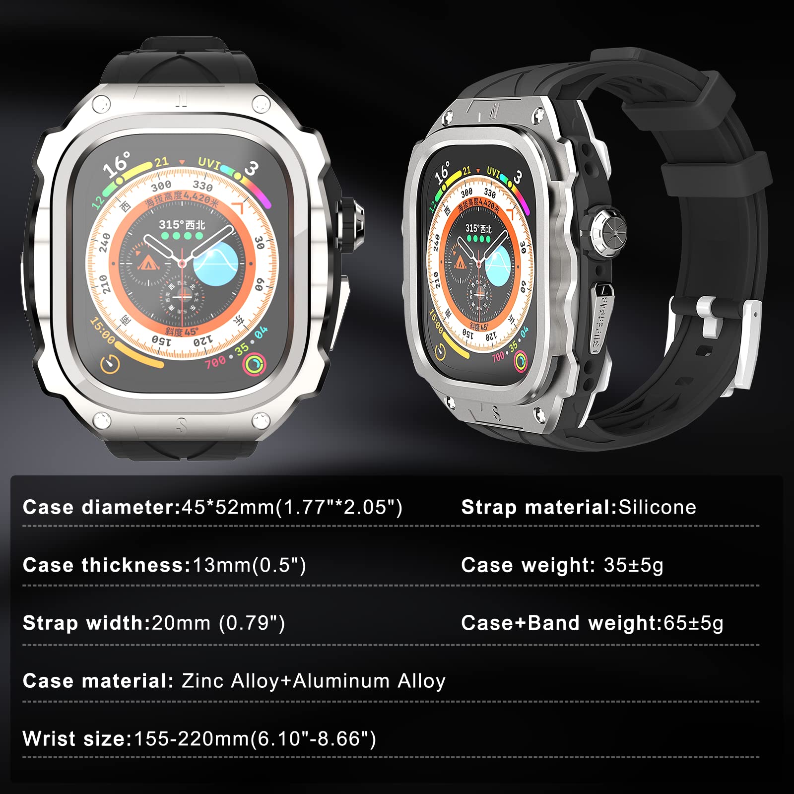 Luxury Metal Case for Apple Watch Ultra 1/2 49mm Band with Cover Heavy Duty Rugged Case Silicon Strap for men Full Protective Cover (Silver Knight)