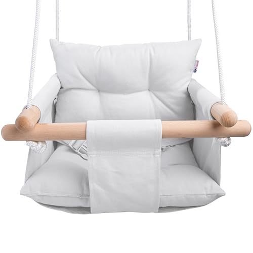 CaTeam - Canvas Baby Swing, Wooden Hanging Swing Seat Chair with Safety Belt, Durable Baby Swing Chair, Outdoor and Indoor Swing for Kids, Ivory