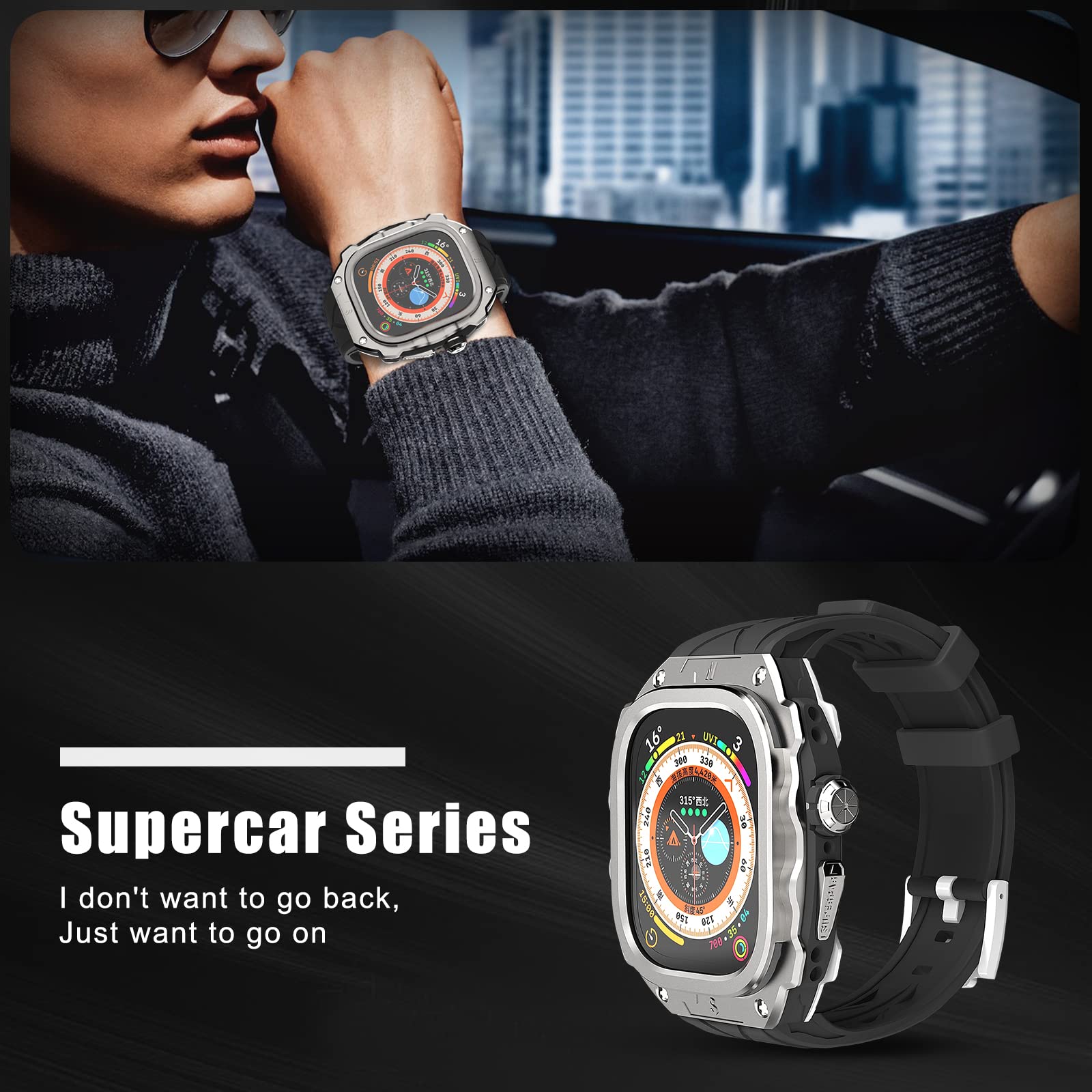 Luxury Metal Case for Apple Watch Ultra 1/2 49mm Band with Cover Heavy Duty Rugged Case Silicon Strap for men Full Protective Cover (Silver Knight)