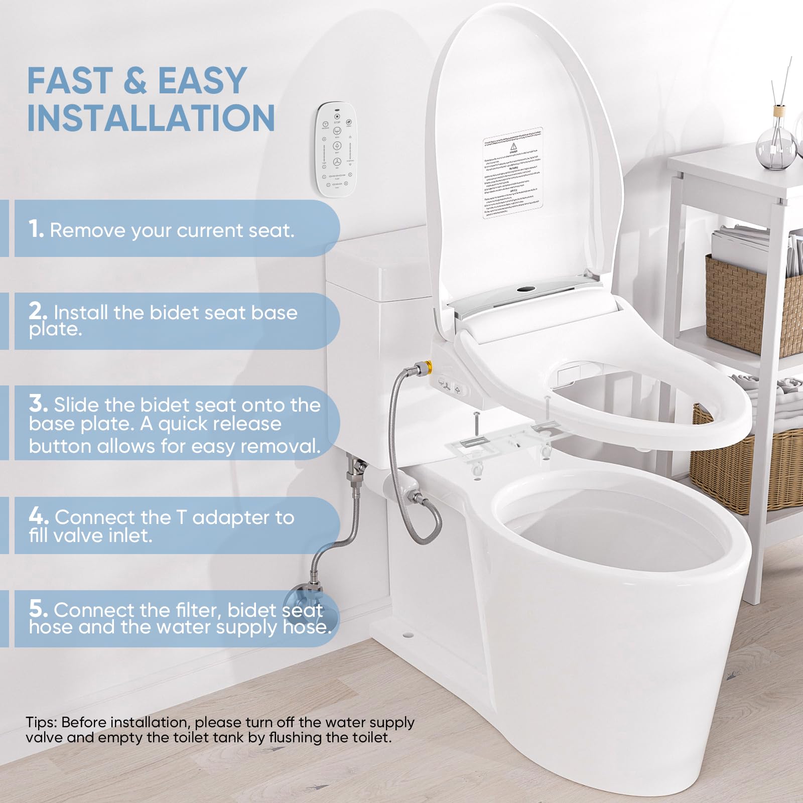 LEIVI Smart Bidet Toilet Seat with Wireless Remote and Side Panel, Multiple Spray Modes, Adjustable Heated Seat, Warm Water and Air Dryer, Auto LED Nightlight, Round
