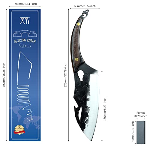 XYJ 7 Inch Full Tang Chef Knife With Bottle Opener Hex Wrench- Stainless Steel Killer Whale Blade Multipurpose Kitchen Knife Pakka Wood Rosefinch handle With Whetstone