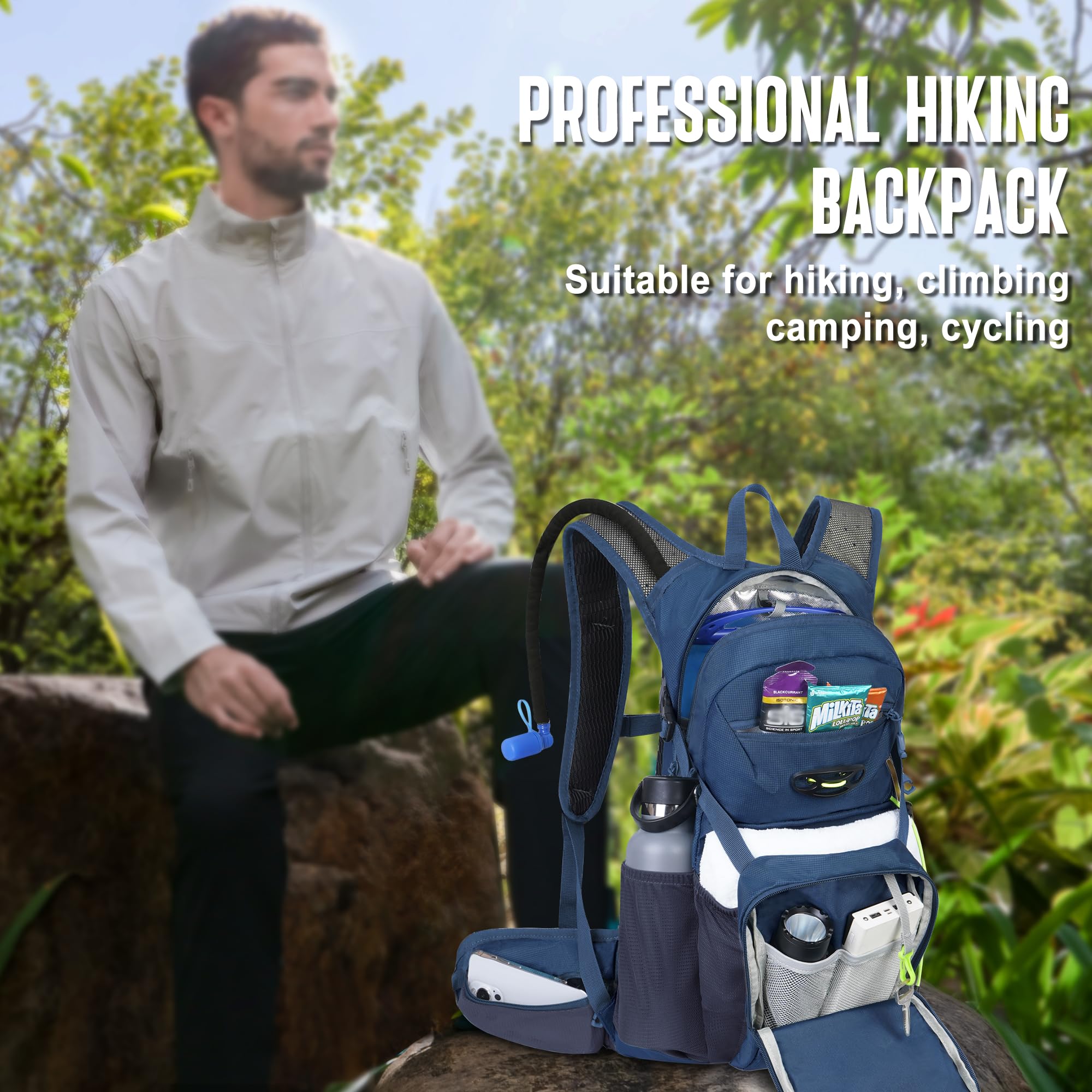 Multipurpose Hydration Backpack with 3L Water Bladder, High Flow Bite Valve, Perfect Water Backpack 18L for Hiking, Cycling