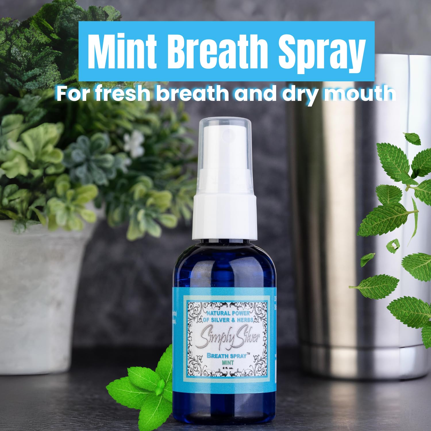 Simply Silver Mint Breath Spray - For Dry Mouth and Freshening, All Natural, Fluoride Free, 2 Fl Oz