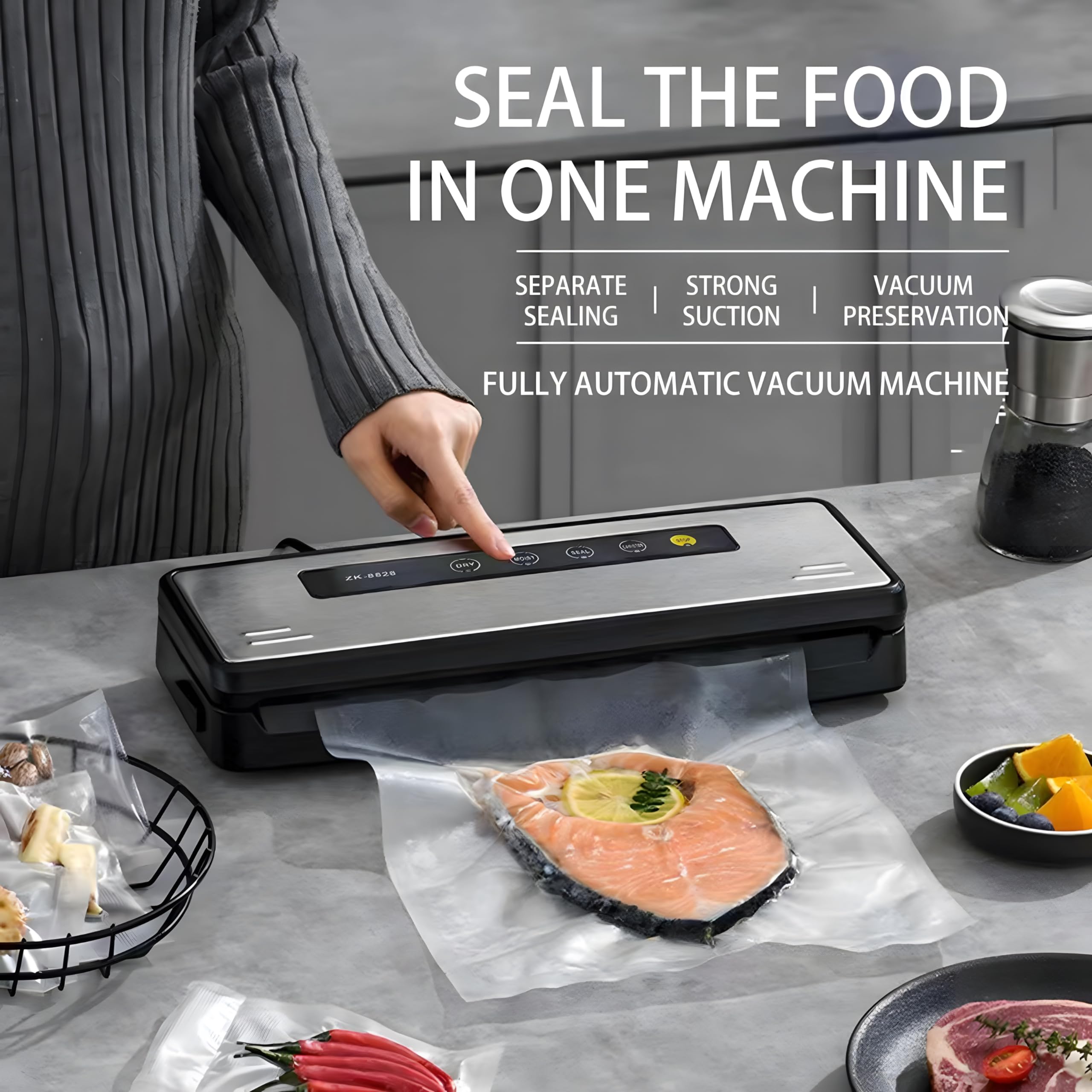 Vacuum Sealer Machine, Dry Moist Vacuum Sealer With 10 Mini Food Storage Bags, Kitchen Full Automatic Air Sealing System for Sous Vide, Snacks Freshness, Stainless Steel Panel, Led Indicator Light