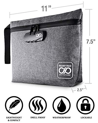 HELMET HEAD Smell Proof Bag with Combo Lock + Grinder Card | Durable Water Repellent Smell Proof Pouch Medicine Lock Box Stash Bag (New Gray)
