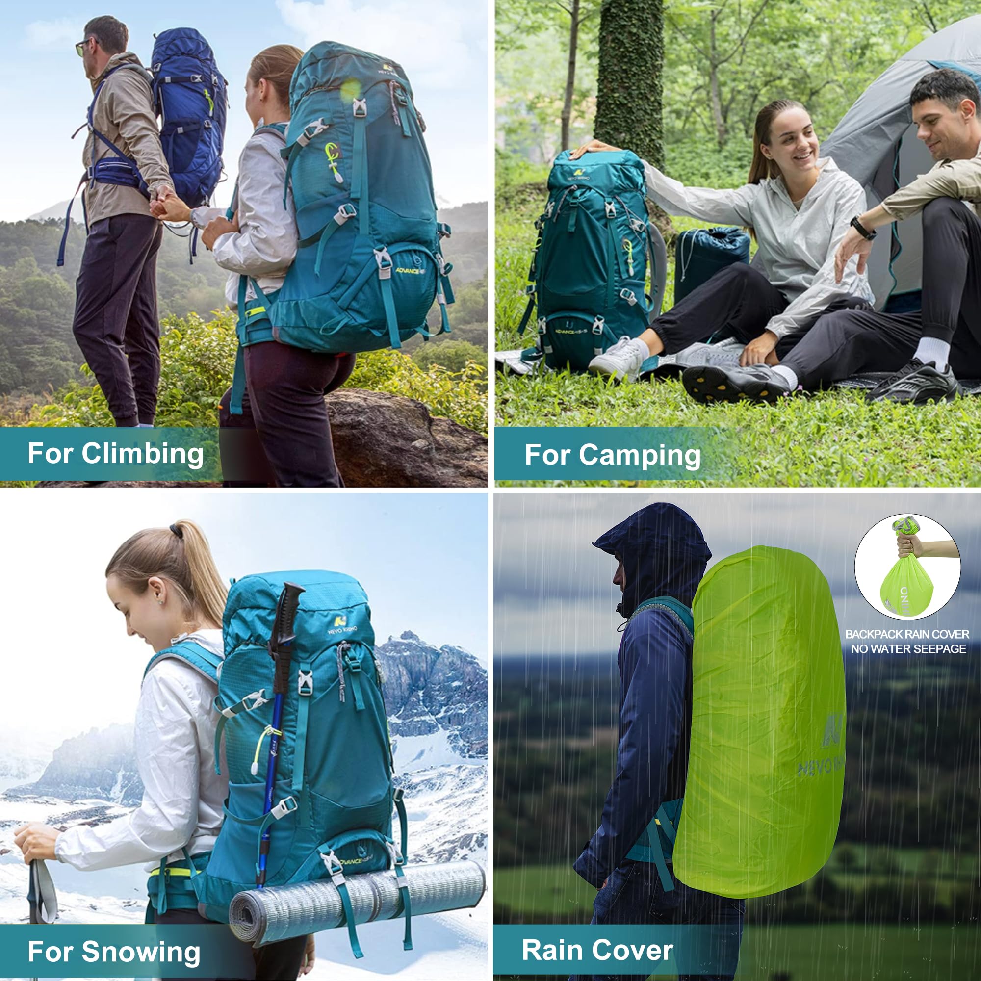 N NEVO RHINO Internal Frame Hiking Backpack 50/60/65/70/80L, Mountain Climbing Camping Backpack Daypack Waterproof Rain Cover
