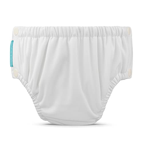 Charlie Banana Reusable Swim Diaper, Washable, with Easy On and Off Snaps for Baby Girls Boys, Soft and Snug Waterproof Fit to Prevent Leaks - White, Size S (12-20 lbs)