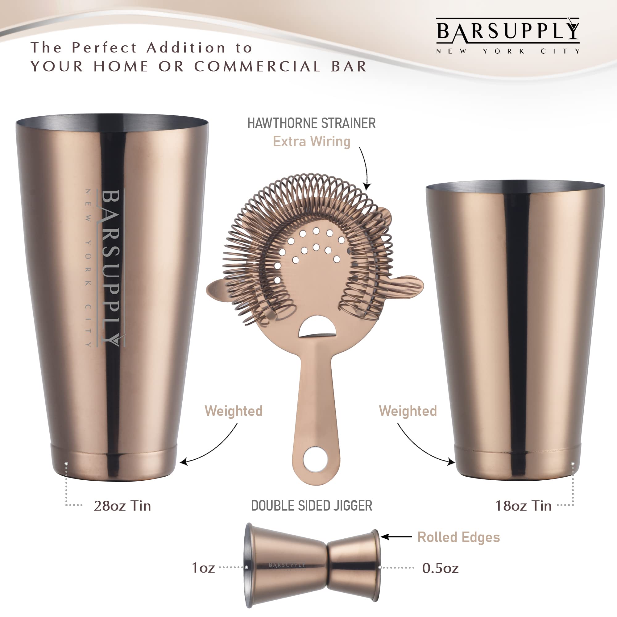 Professional Boston Cocktail Shaker Set | 4-Piece Bar Set | Stainless Steel 304 | 28oz/18oz Weighted Shaker Tins | Hawthorne Strainer | Double Sided Jigger | Recipe Booklet | Bartender Kit (Copper)