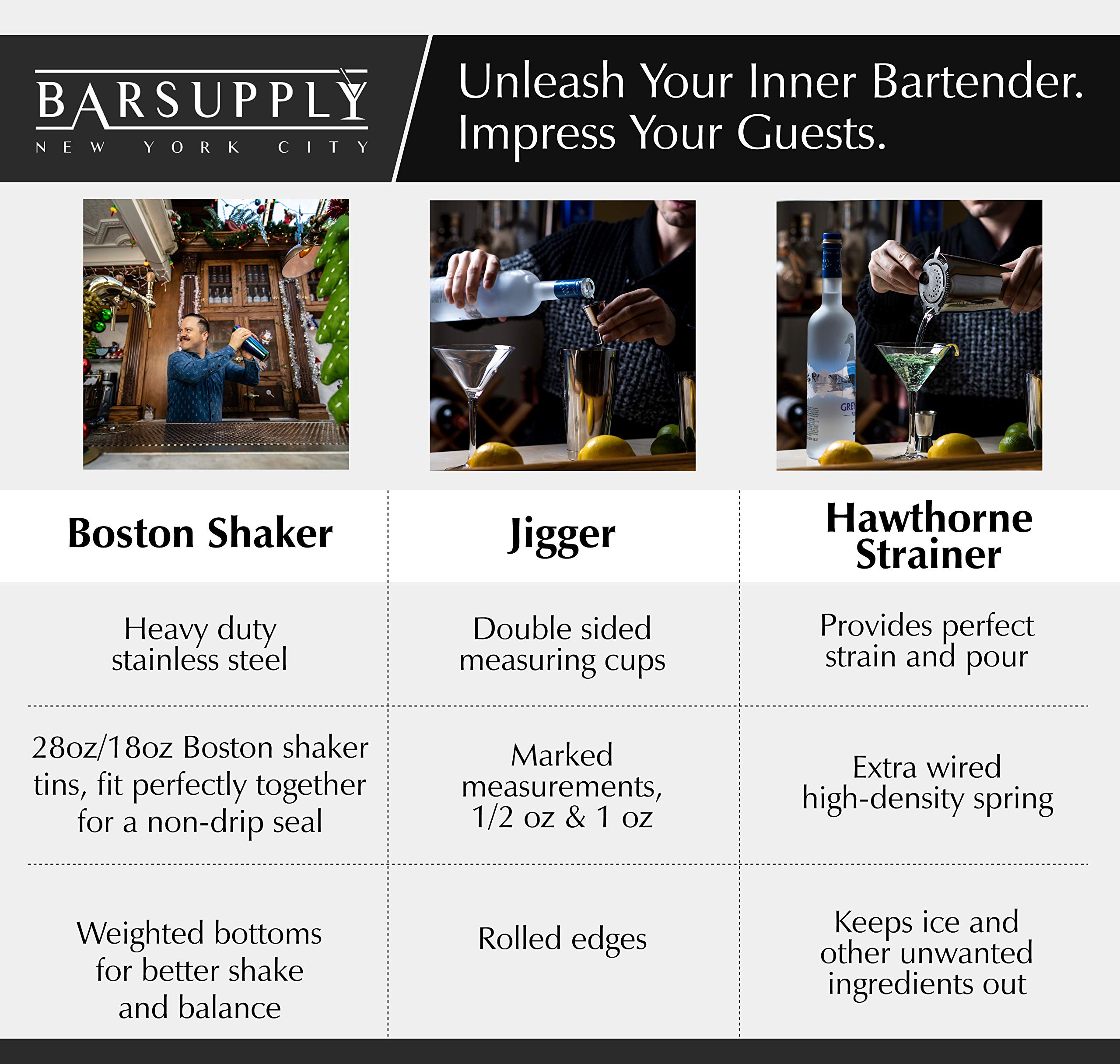 Professional Boston Cocktail Shaker Set | 4-Piece Bar Set | Stainless Steel 304 | 28oz/18oz Weighted Shaker Tins | Hawthorne Strainer | Double Sided Jigger | Recipe Booklet | Bartender Kit (Copper)