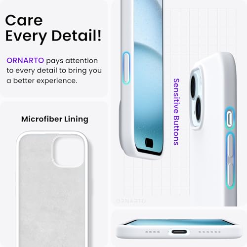 ORNARTO Compatible with iPhone 15 Plus Case 6.7", Slim Liquid Silicone 3 Layers Full Covered Soft Gel Rubber Cover Protective Phone Case with Anti-Scratch Microfiber Lining-White