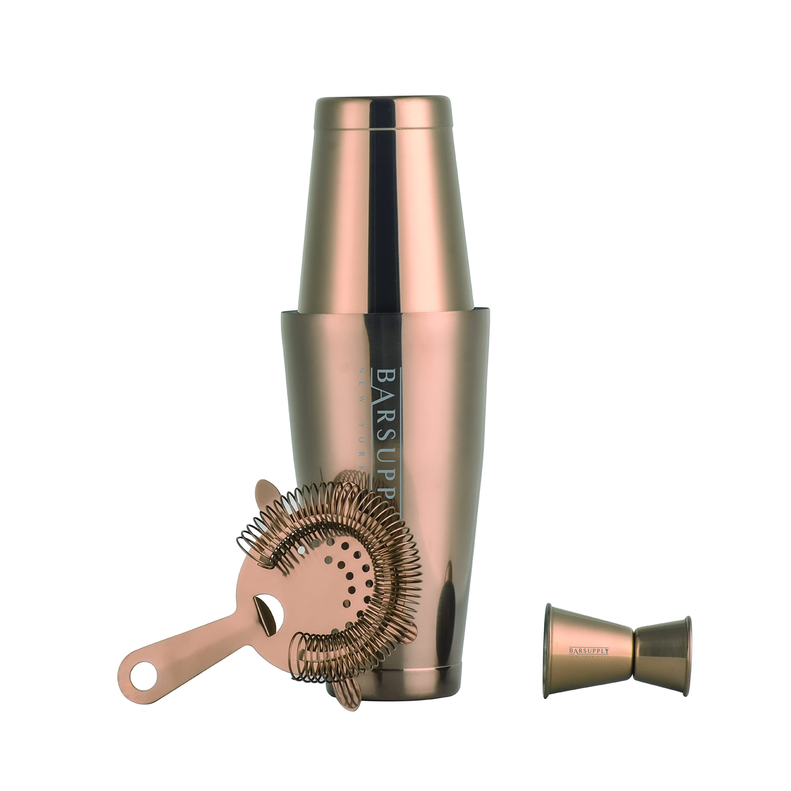 Professional Boston Cocktail Shaker Set | 4-Piece Bar Set | Stainless Steel 304 | 28oz/18oz Weighted Shaker Tins | Hawthorne Strainer | Double Sided Jigger | Recipe Booklet | Bartender Kit (Copper)