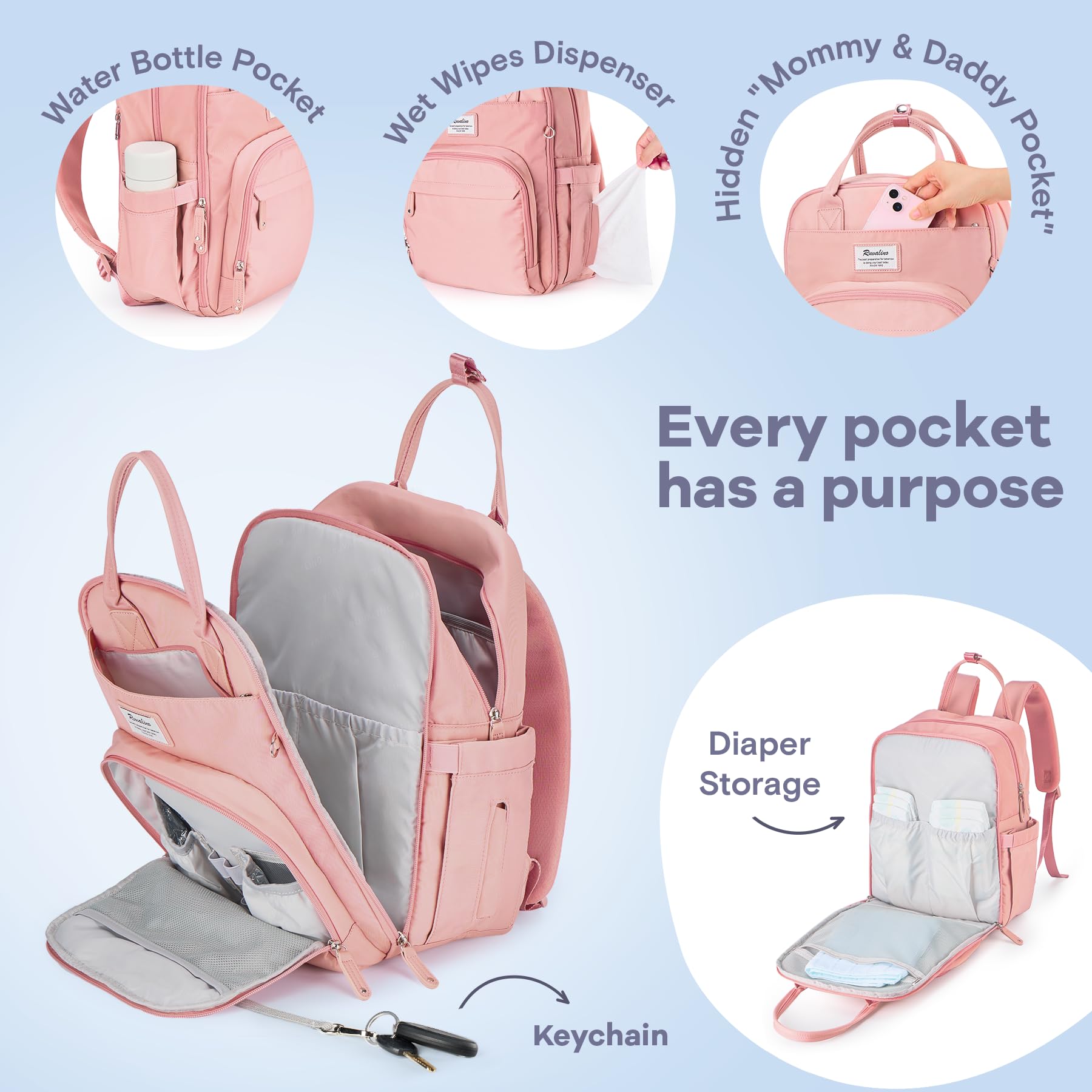 RUVALINO Diaper Bag Backpack, Multifunction Travel Pack Maternity Baby Changing Bags, Large Capacity, Waterproof, Pink