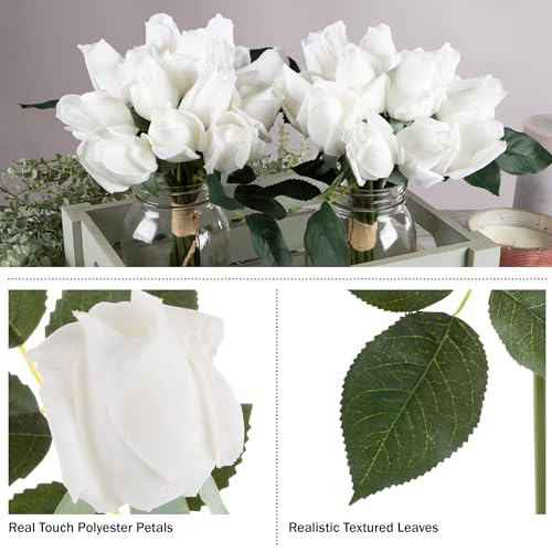 Pure Garden Rose Artificial Flowers - 24Pc Real Touch 11.5-Inch Fake Flower Set with Stems for Home Decor, Wedding, or Bridal/Baby Showers (White)