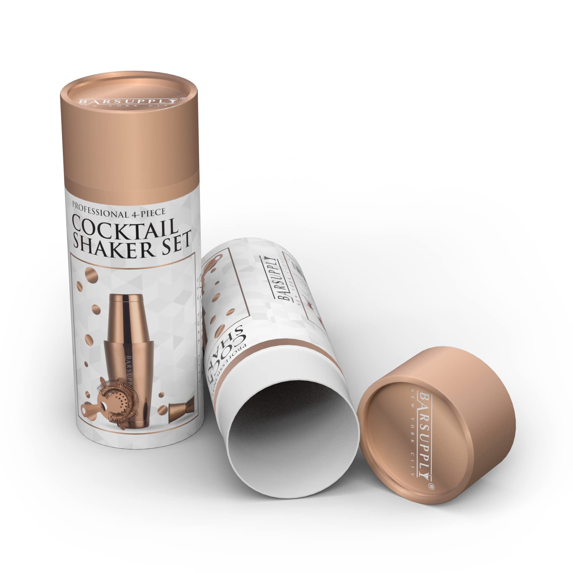 Professional Boston Cocktail Shaker Set | 4-Piece Bar Set | Stainless Steel 304 | 28oz/18oz Weighted Shaker Tins | Hawthorne Strainer | Double Sided Jigger | Recipe Booklet | Bartender Kit (Copper)