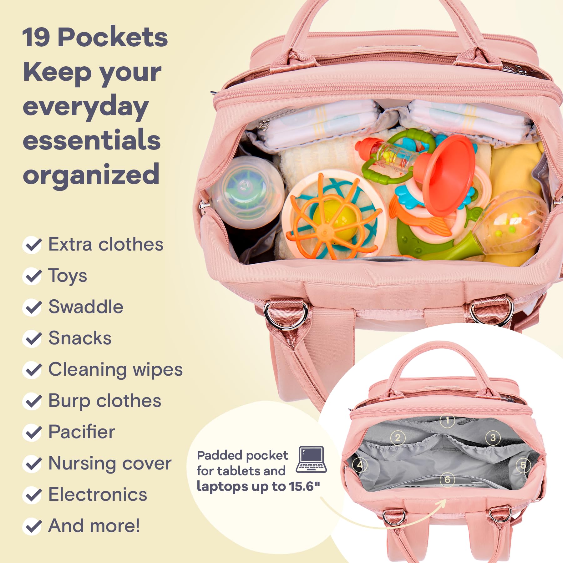 RUVALINO Diaper Bag Backpack, Multifunction Travel Pack Maternity Baby Changing Bags, Large Capacity, Waterproof, Pink