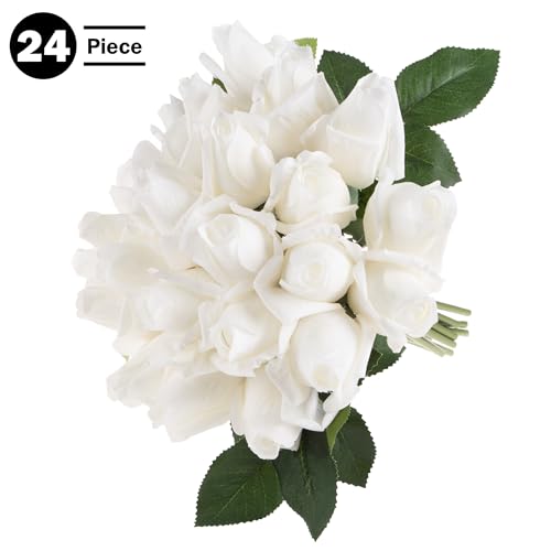 Pure Garden Rose Artificial Flowers - 24Pc Real Touch 11.5-Inch Fake Flower Set with Stems for Home Decor, Wedding, or Bridal/Baby Showers (White)