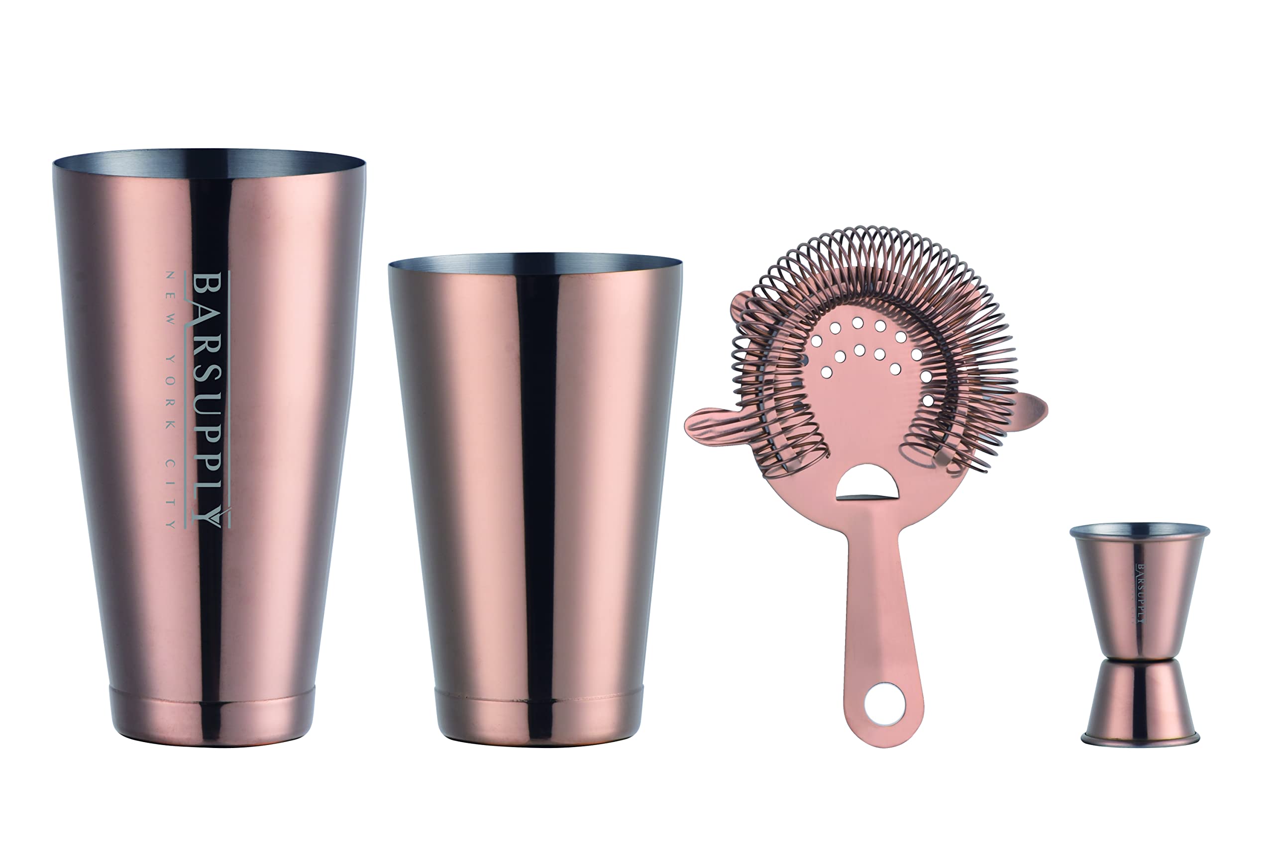 Professional Boston Cocktail Shaker Set | 4-Piece Bar Set | Stainless Steel 304 | 28oz/18oz Weighted Shaker Tins | Hawthorne Strainer | Double Sided Jigger | Recipe Booklet | Bartender Kit (Copper)