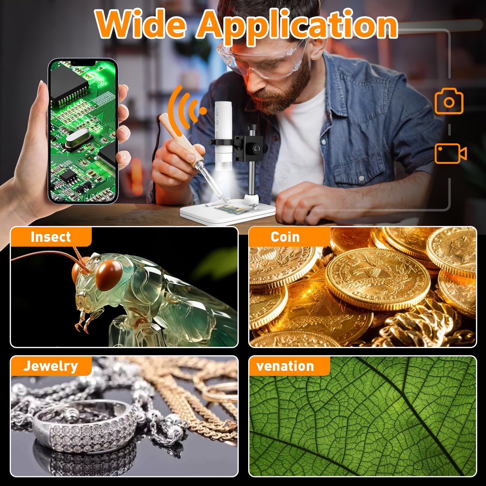 Wireless Digital Microscope Camera, GUVOP 50X-1000X Magnification WiFi Portable Handheld USB Microscopes with 8 LED & Stand,Compatible for iPhone, Android, Electronic Microscope for Kids Adults-White