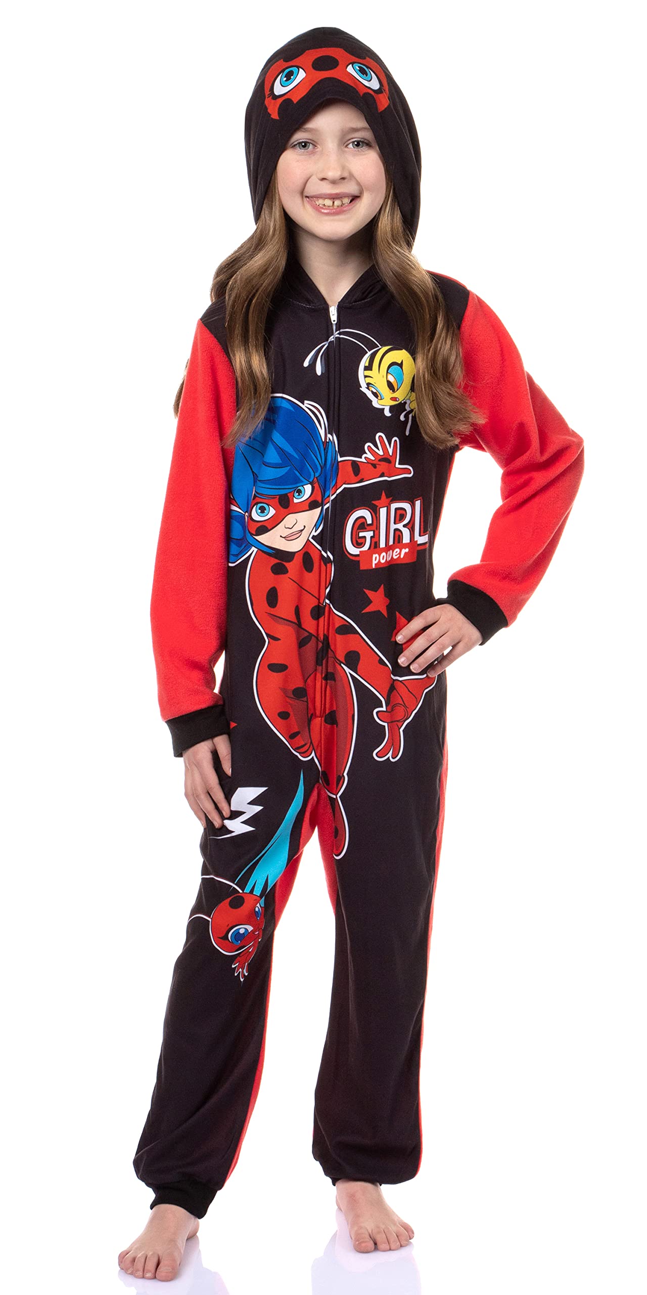 Komar Kids Miraculous Ladybug Girls Girl Power Full Zip Blanket Sleeper Hooded Pajama, 6 Black