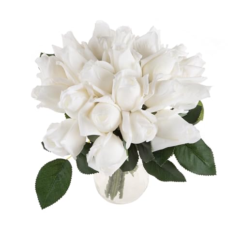 Pure Garden Rose Artificial Flowers - 24Pc Real Touch 11.5-Inch Fake Flower Set with Stems for Home Decor, Wedding, or Bridal/Baby Showers (White)