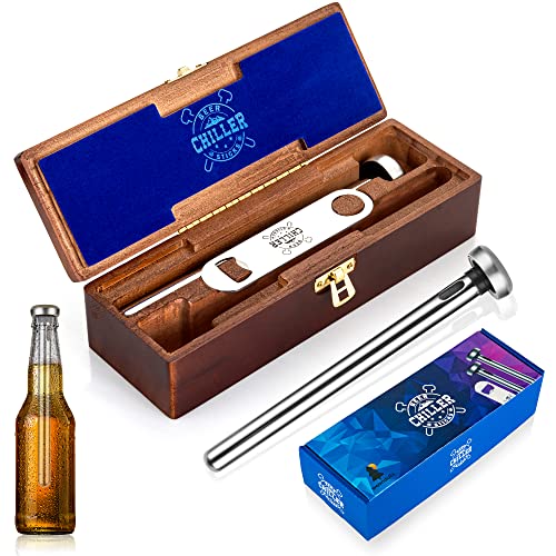 Beer Chiller Sticks for Bottles - Beer Gifts for Men - Beer Lover Gift featuring 2 Beer Chilling Sticks and 1 Bottle Opener in an Eco Friendly Wooden Gift Box - Beer Stick by woondulla