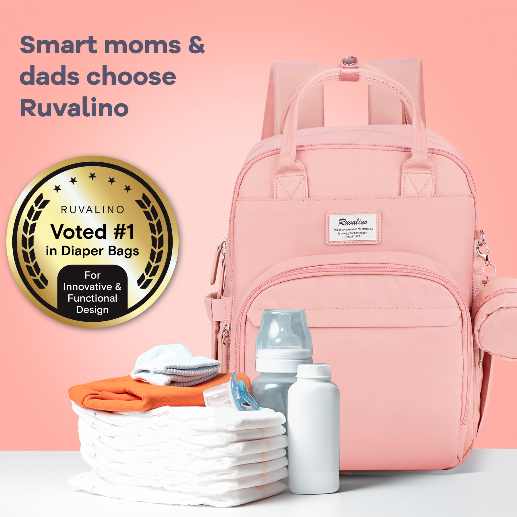 RUVALINO Diaper Bag Backpack, Multifunction Travel Pack Maternity Baby Changing Bags, Large Capacity, Waterproof, Pink