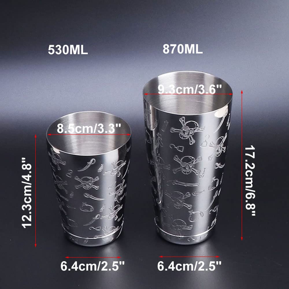 Stainless Steel Boston Shaker Tin with Etched Pattern - 2 Piece Weighted Cocktail Shaker 18oz & 28oz,Martini Drink Shaker Kit for Bartender Professional Bar Tools (Skull Pattern)