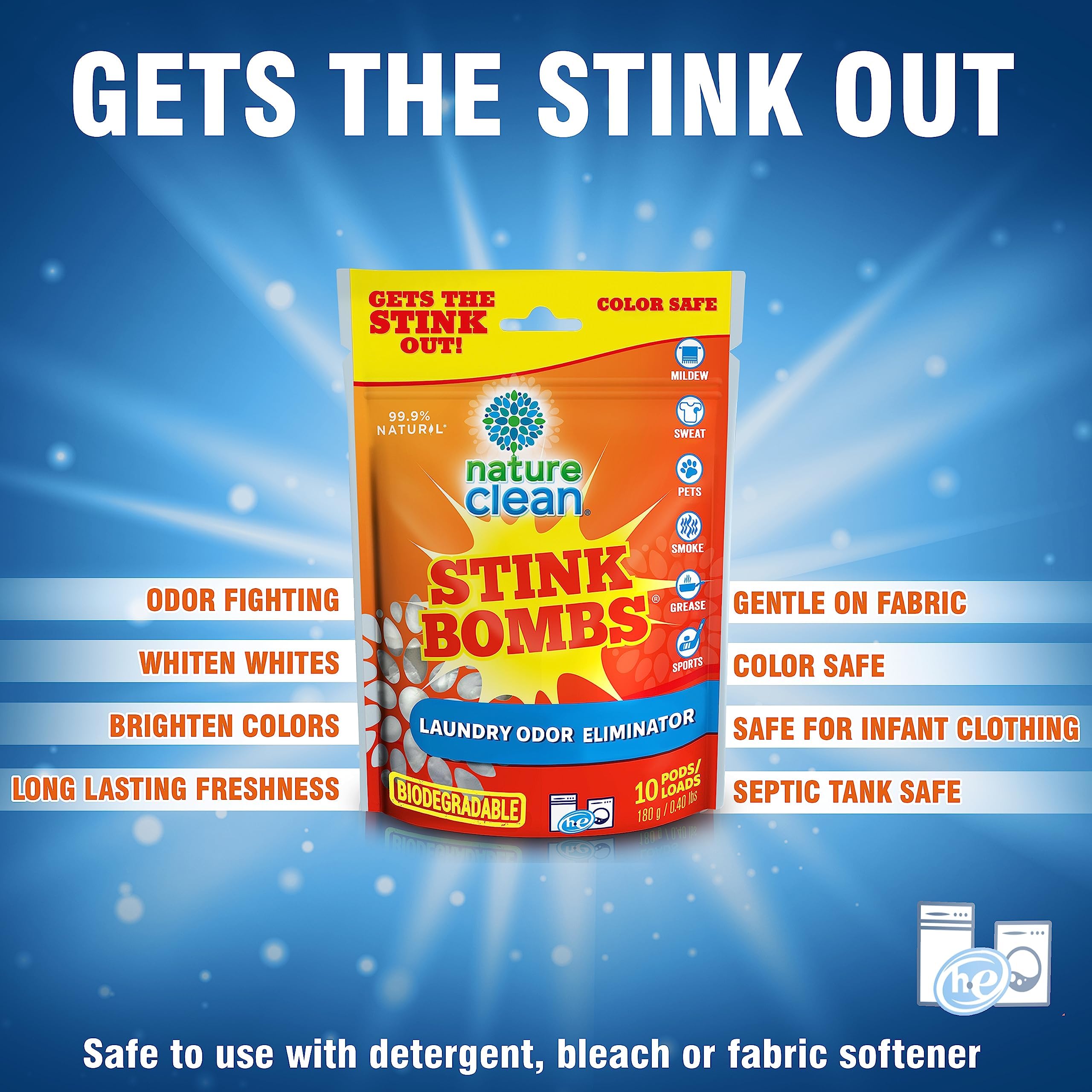 Nature Clean Stink Bomb Odor Remover Pacs for Laundry, 10 Count