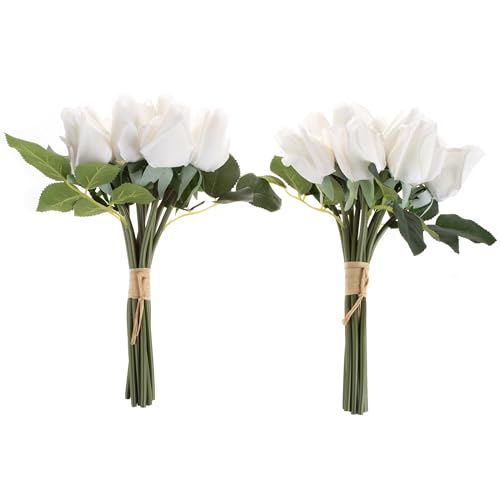 Pure Garden Rose Artificial Flowers - 24Pc Real Touch 11.5-Inch Fake Flower Set with Stems for Home Decor, Wedding, or Bridal/Baby Showers (White)