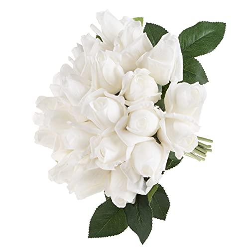 Pure Garden Rose Artificial Flowers - 24Pc Real Touch 11.5-Inch Fake Flower Set with Stems for Home Decor, Wedding, or Bridal/Baby Showers (White)