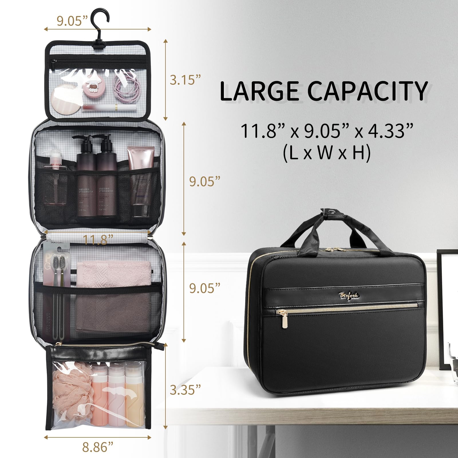 BIRFORK Travel Toiletry Bag, Large Hanging Toiletry Bag for Women Men, Cosmetic Makeup Bag for Traveling, Makeup Organizer for Full-Size Shampoo, Travel Essentials Bag