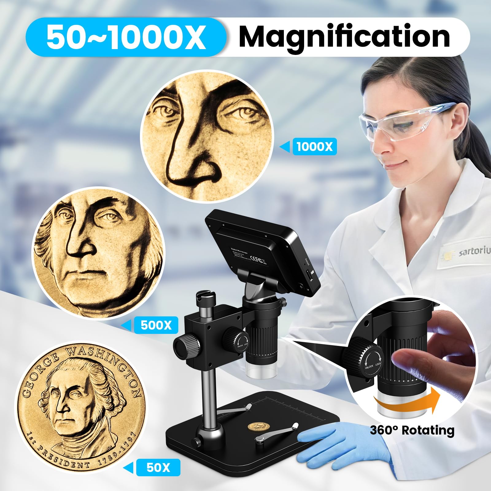 USB Digital Microscope with 4.3'' Screen, GUVOP Fast Focusing Electronic Soldering Microscope, Height-Adjustable & 8 LED Lights Coin Microscope Magnifier with 32GB Card for Adults/Kids-Black