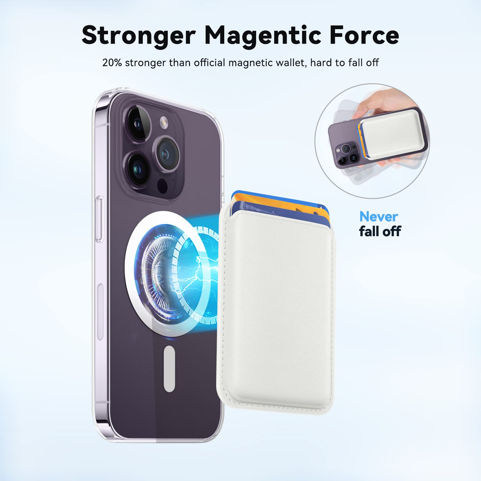 MARETU Magnetic Wallet Card Holder with Mag Safe, Leather Phone Wallet for iPhone 15 14 13 12 Pro/Pro Max/Plus/Mini, Magnetic Card Holder for Back of iPhone 15/14/13/12 Series, White