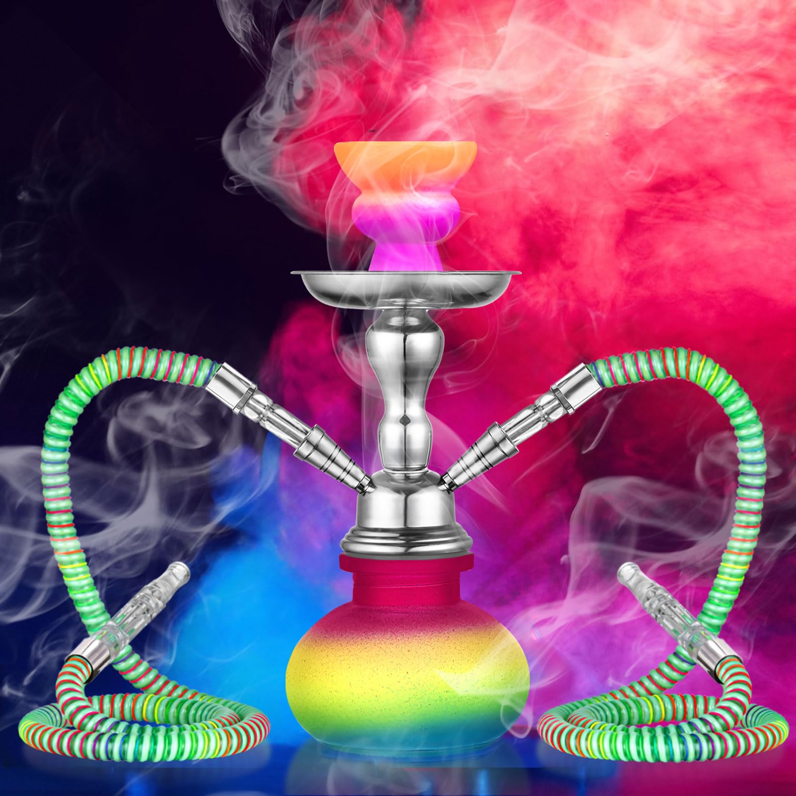 2 Hose Hookah Set 11'' Small Shisha Hookah Set With Mini Pumpkin Glass Vase, Ceramic Bowl, Leather Hose, Coal Tong, Hookah Foil, Disposable Tips (Colorful)