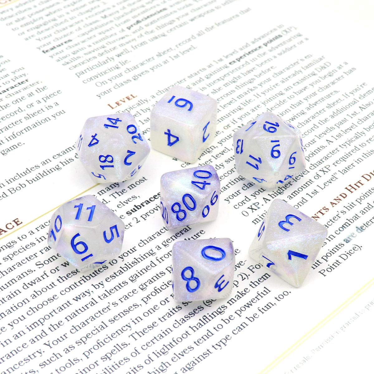 Haxtec DND Dice Iridescent Glitter Blue Numbers Polyhedral D&D Dice for RPGs-Milky Way