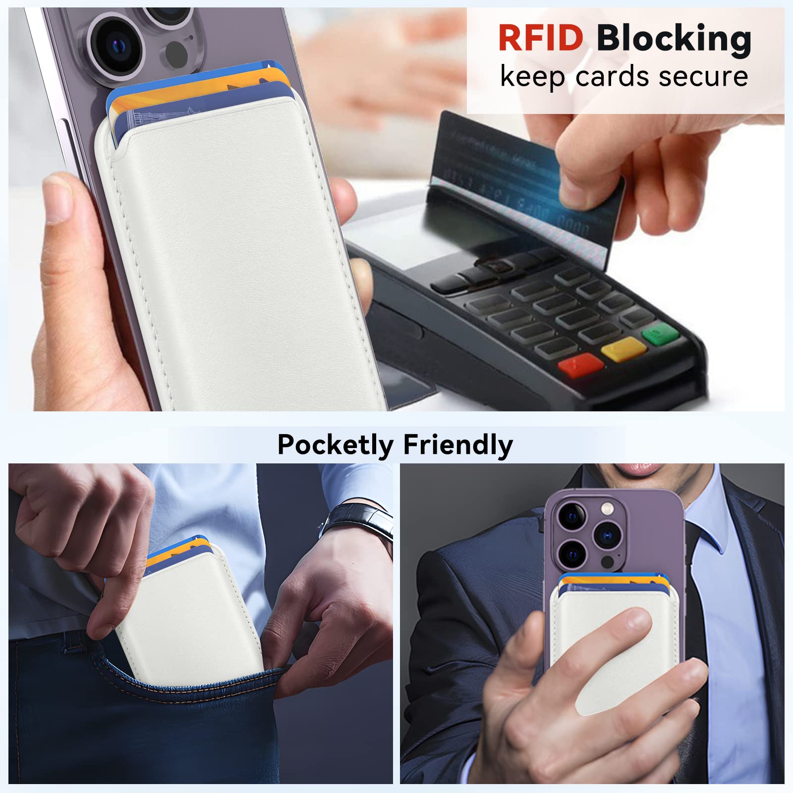 MARETU Magnetic Wallet Card Holder with Mag Safe, Leather Phone Wallet for iPhone 15 14 13 12 Pro/Pro Max/Plus/Mini, Magnetic Card Holder for Back of iPhone 15/14/13/12 Series, White