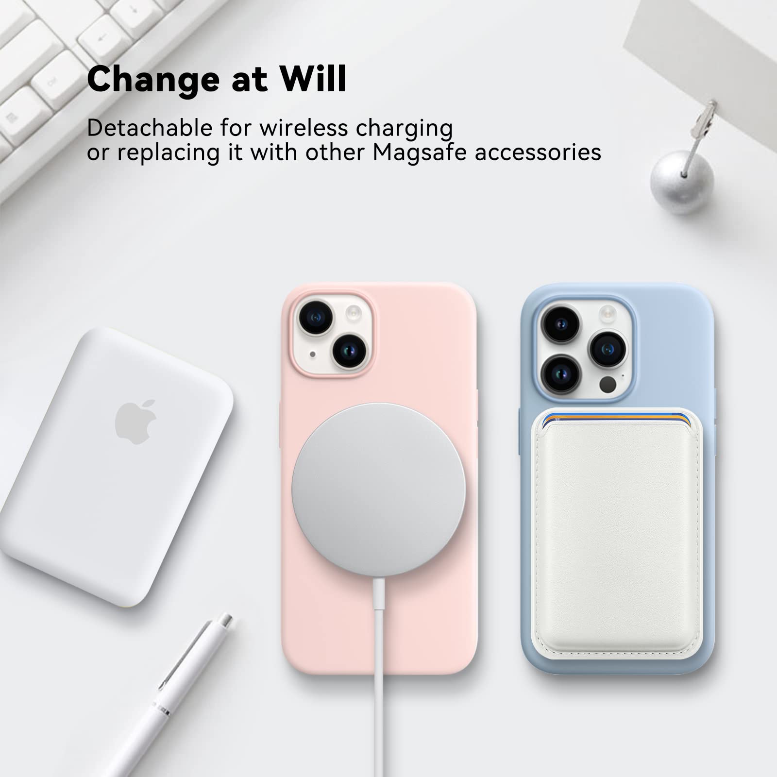 MARETU Magnetic Wallet Card Holder with Mag Safe, Leather Phone Wallet for iPhone 15 14 13 12 Pro/Pro Max/Plus/Mini, Magnetic Card Holder for Back of iPhone 15/14/13/12 Series, White