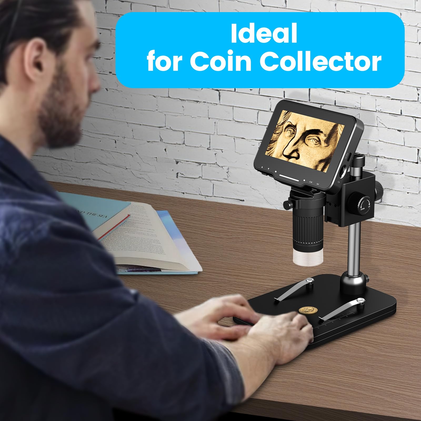 USB Digital Microscope with 4.3'' Screen, GUVOP Fast Focusing Electronic Soldering Microscope, Height-Adjustable & 8 LED Lights Coin Microscope Magnifier with 32GB Card for Adults/Kids-Black