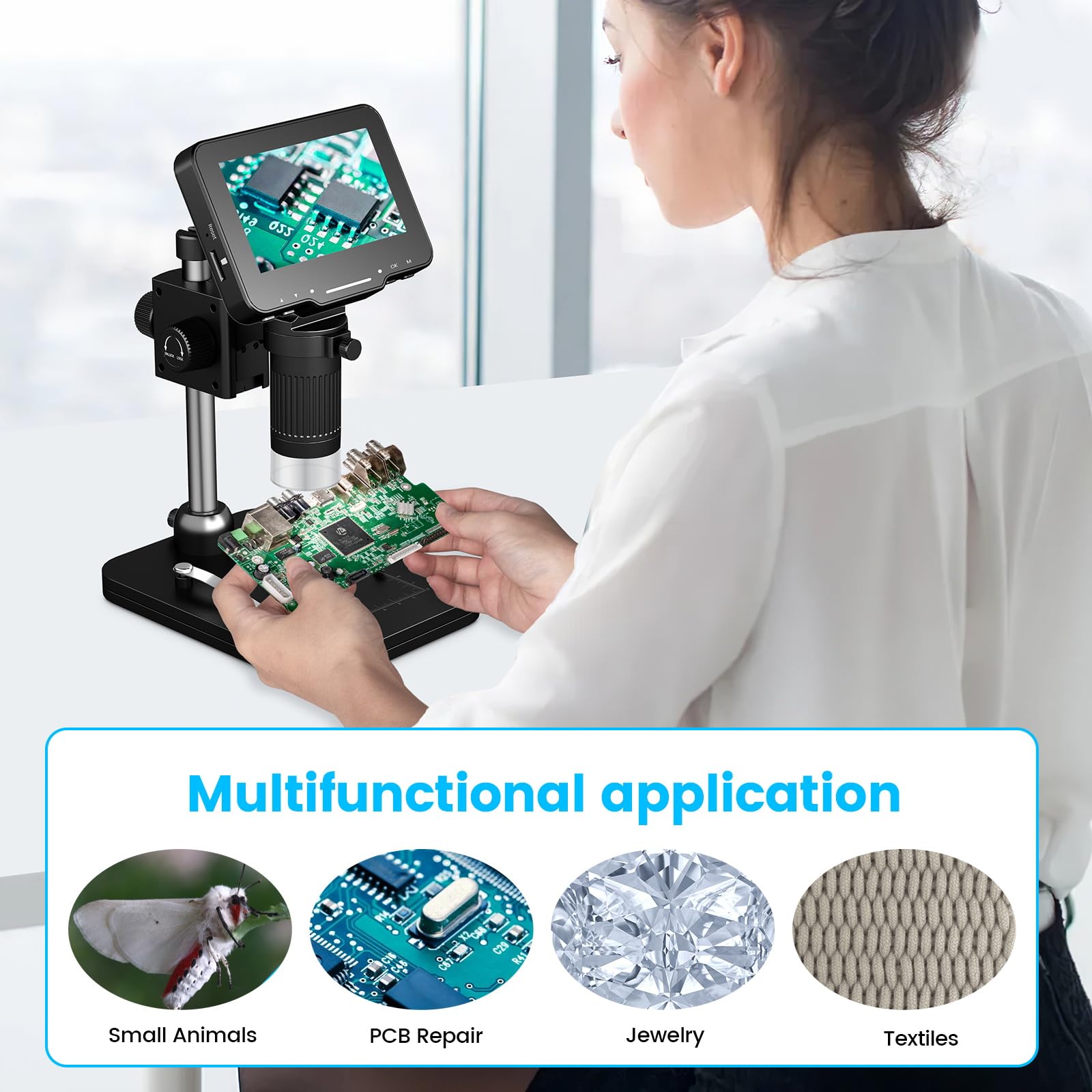 USB Digital Microscope with 4.3'' Screen, GUVOP Fast Focusing Electronic Soldering Microscope, Height-Adjustable & 8 LED Lights Coin Microscope Magnifier with 32GB Card for Adults/Kids-Black