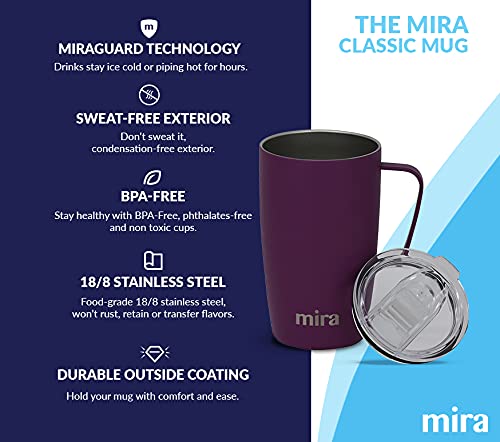 MIRA 18 oz Insulated Coffee Mug - Stainless Steel Travel Cup with Easy-Grip Handle - Car Cup Holder Compatible - Iris