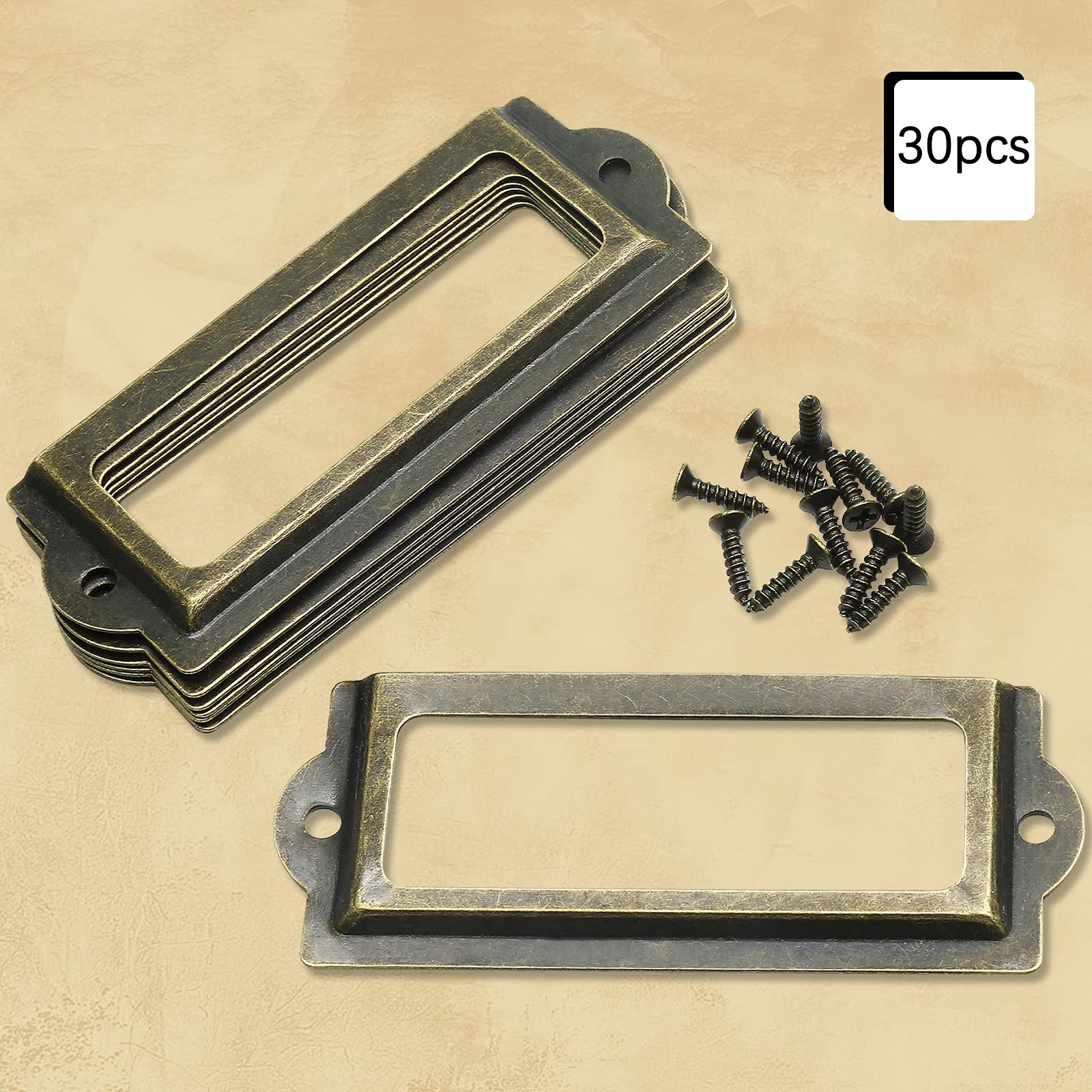 Rierdge 30 Pcs Antique Label Holder, 3.3 Inch Long Metal Office File Cabinet Shelves Drawer Name Card Label Holder Frames with Screws (Bronze)