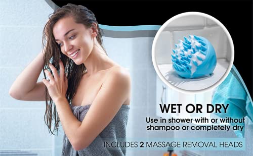 Flathead Products Hair Scalp Massager and Shampoo Brush for Shower Dandruff Removal - Wet and Dry - Encourages Growth - Includes 2 Massage Removal Heads
