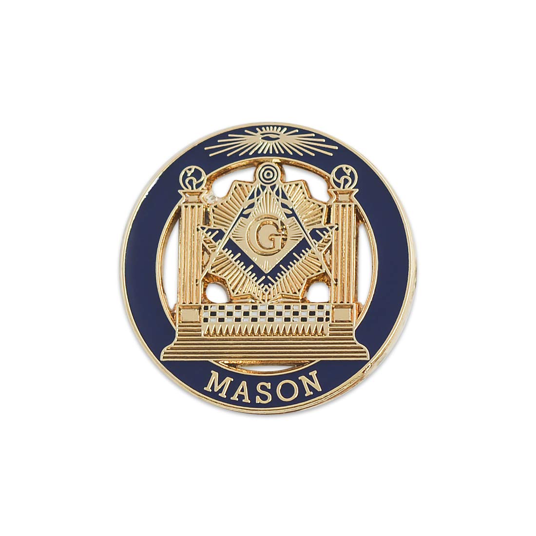 Square & Compass with Double Column Round Masonic Lapel Pin - [Blue & Gold][1'' Diameter]