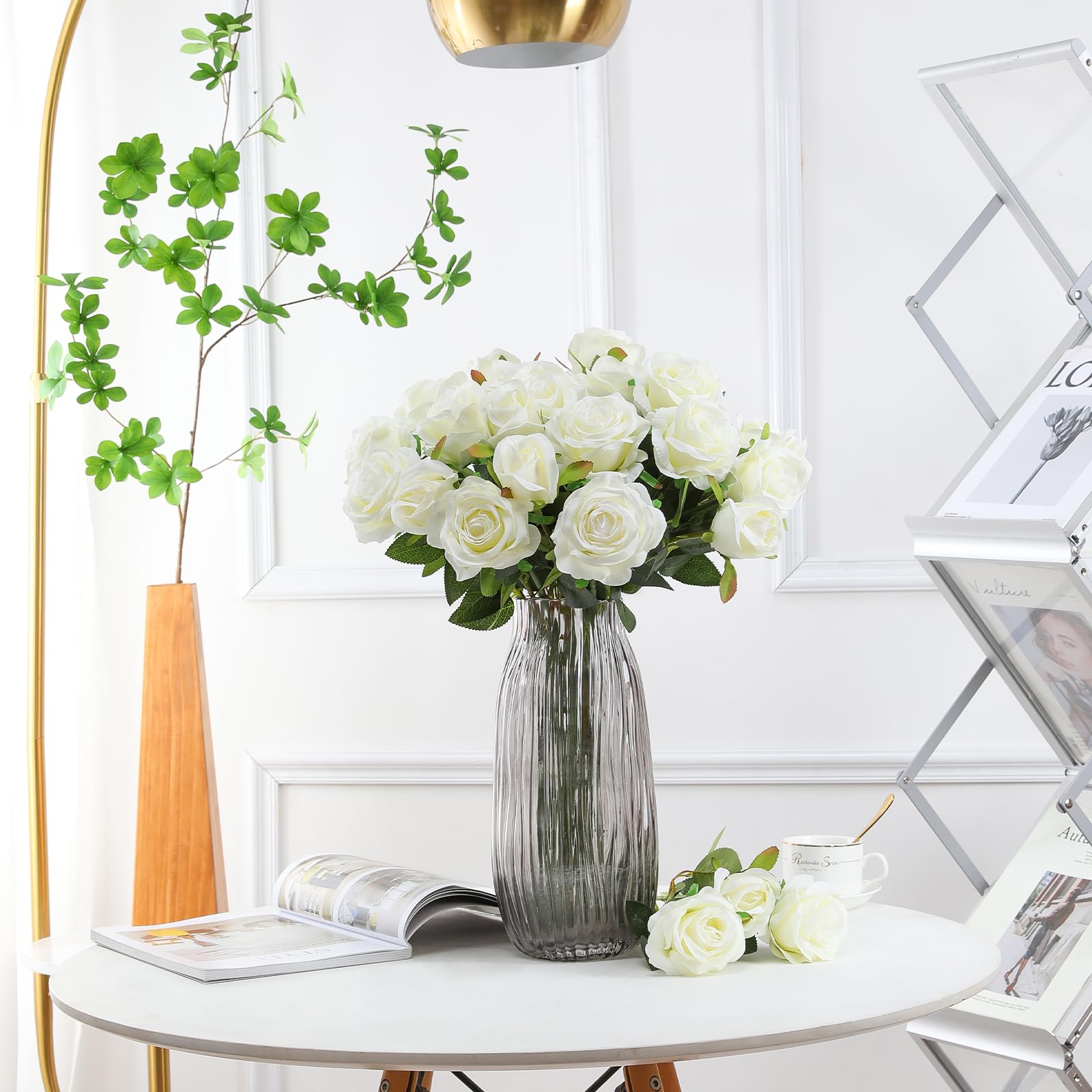 Tifuly White Roses Artificial Flowers -12 pcs Realistic Single Long Stem Fake Silk Roses Bouquet for Party Home Wedding Centerpiece Office DIY Decor(Off White)