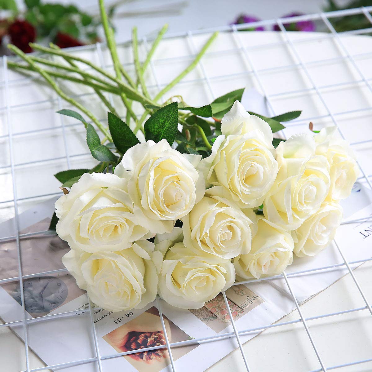 Tifuly White Roses Artificial Flowers -12 pcs Realistic Single Long Stem Fake Silk Roses Bouquet for Party Home Wedding Centerpiece Office DIY Decor(Off White)