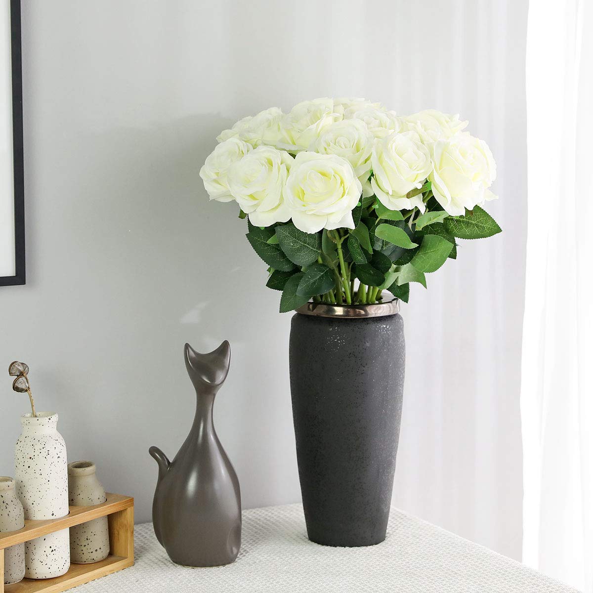 Tifuly White Roses Artificial Flowers -12 pcs Realistic Single Long Stem Fake Silk Roses Bouquet for Party Home Wedding Centerpiece Office DIY Decor(Off White)