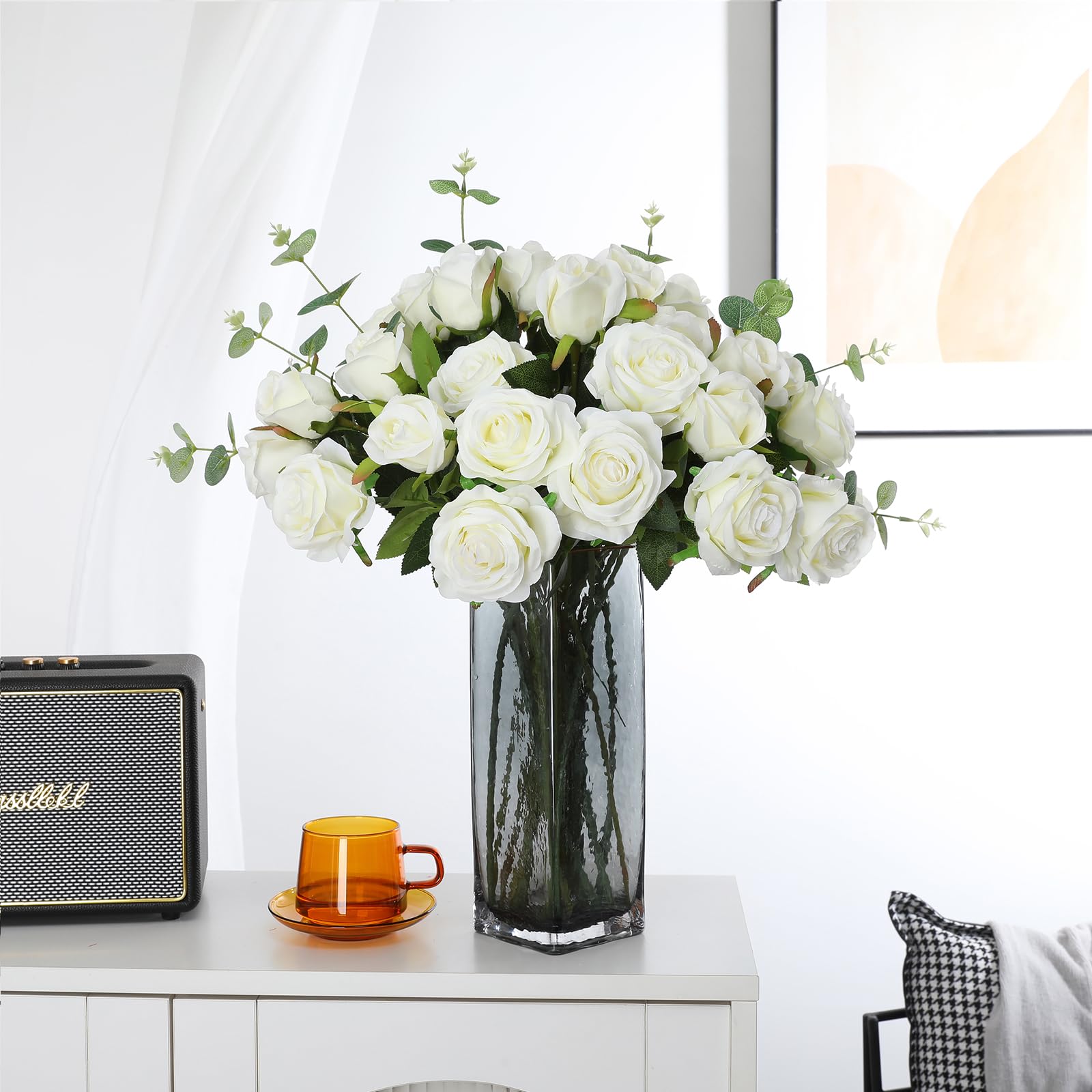 Tifuly White Roses Artificial Flowers -12 pcs Realistic Single Long Stem Fake Silk Roses Bouquet for Party Home Wedding Centerpiece Office DIY Decor(Off White)
