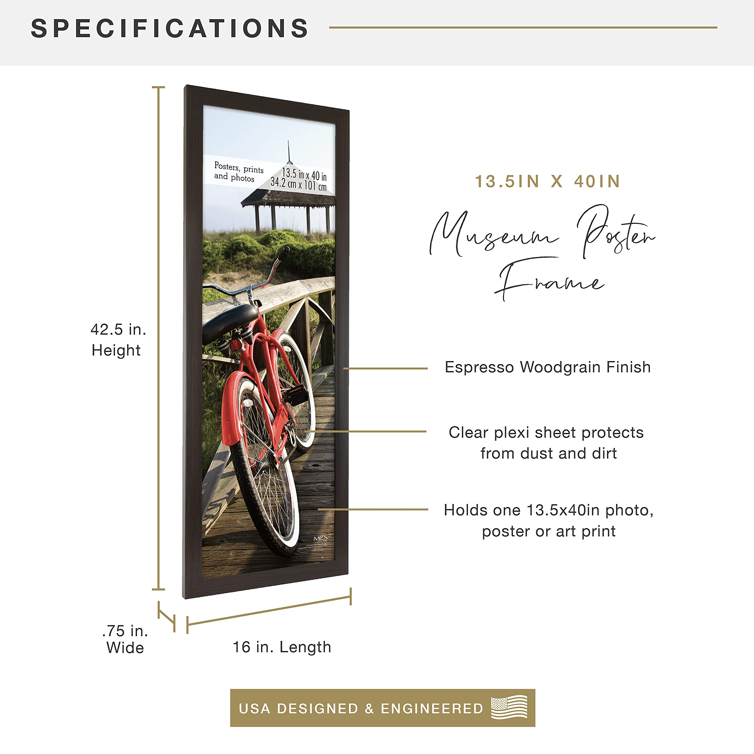 MCS Museum Poster Frame 13.5x40 Espresso Woodgrain, Vertical & Horizontal Wall Hanging Large Picture Frame for Photos, Posters & Art Prints (1-Pack)