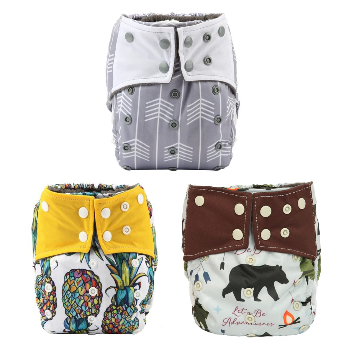 Sigzagor 3 AIll in One Cloth Diapers Nappies for Night AIO Sewn in Insert Reusable Washable (Arrow Pineapple Pack)